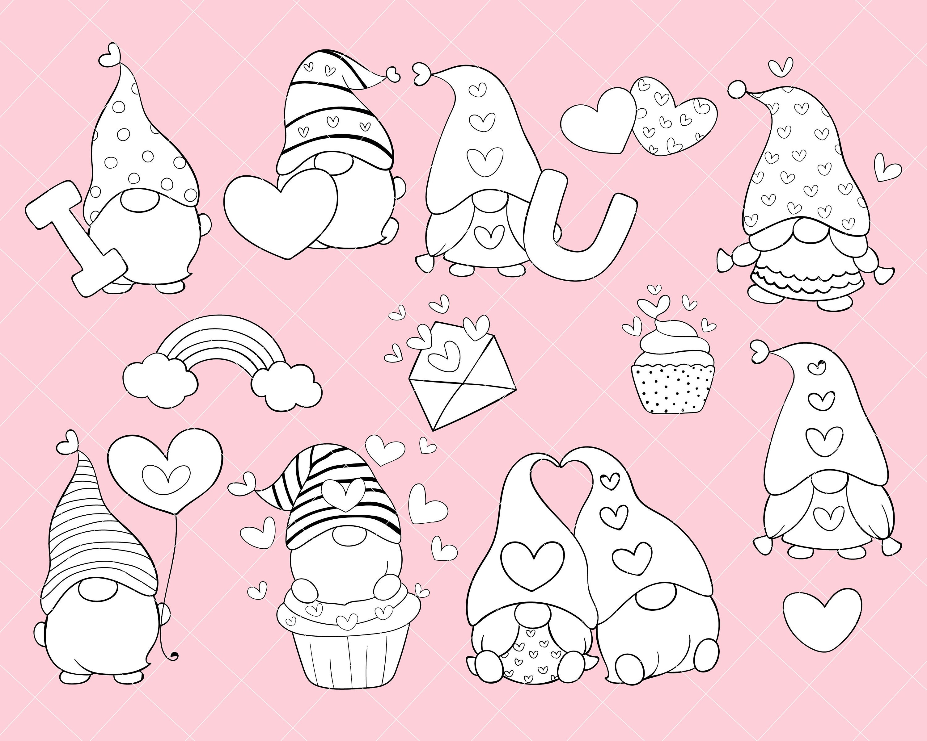 Valentine Gnome Digital Stamp Gnome Clipart Gnomes Outline Digistamp ...
