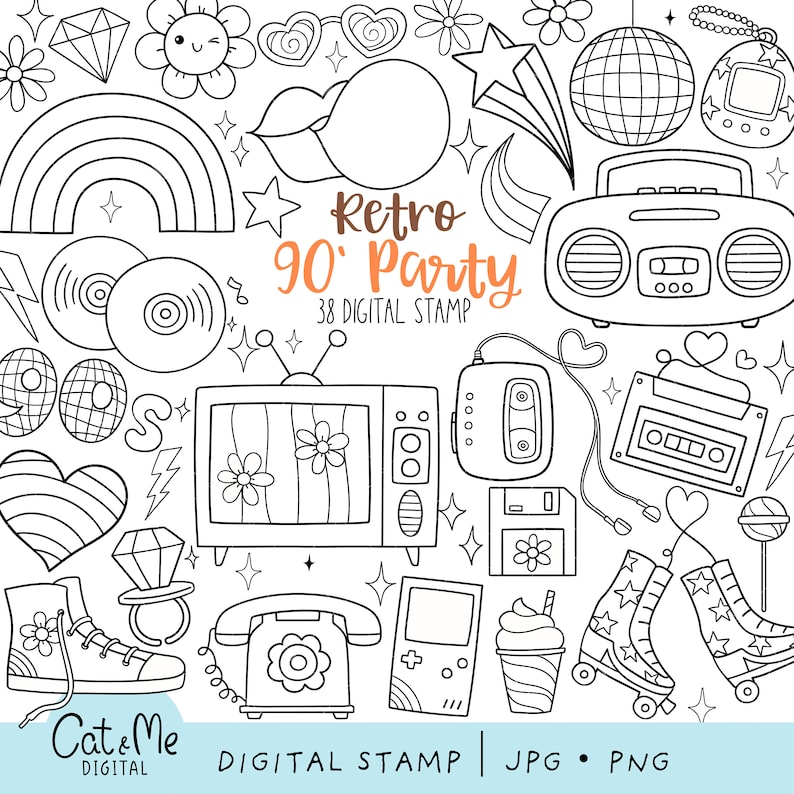 Retro 90's Digital Stamp Outline 90's Vibes 90's Party Stamp Doodle ...