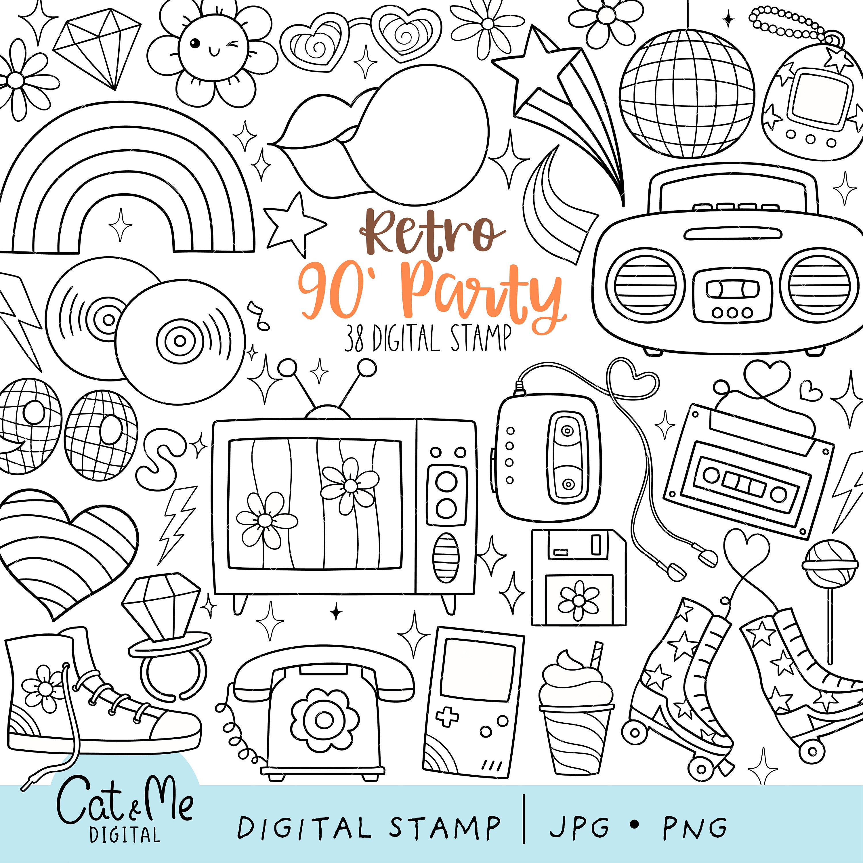 Retro 90's Digital Stamp Outline 90's Vibes 90's Party Stamp Doodle ...