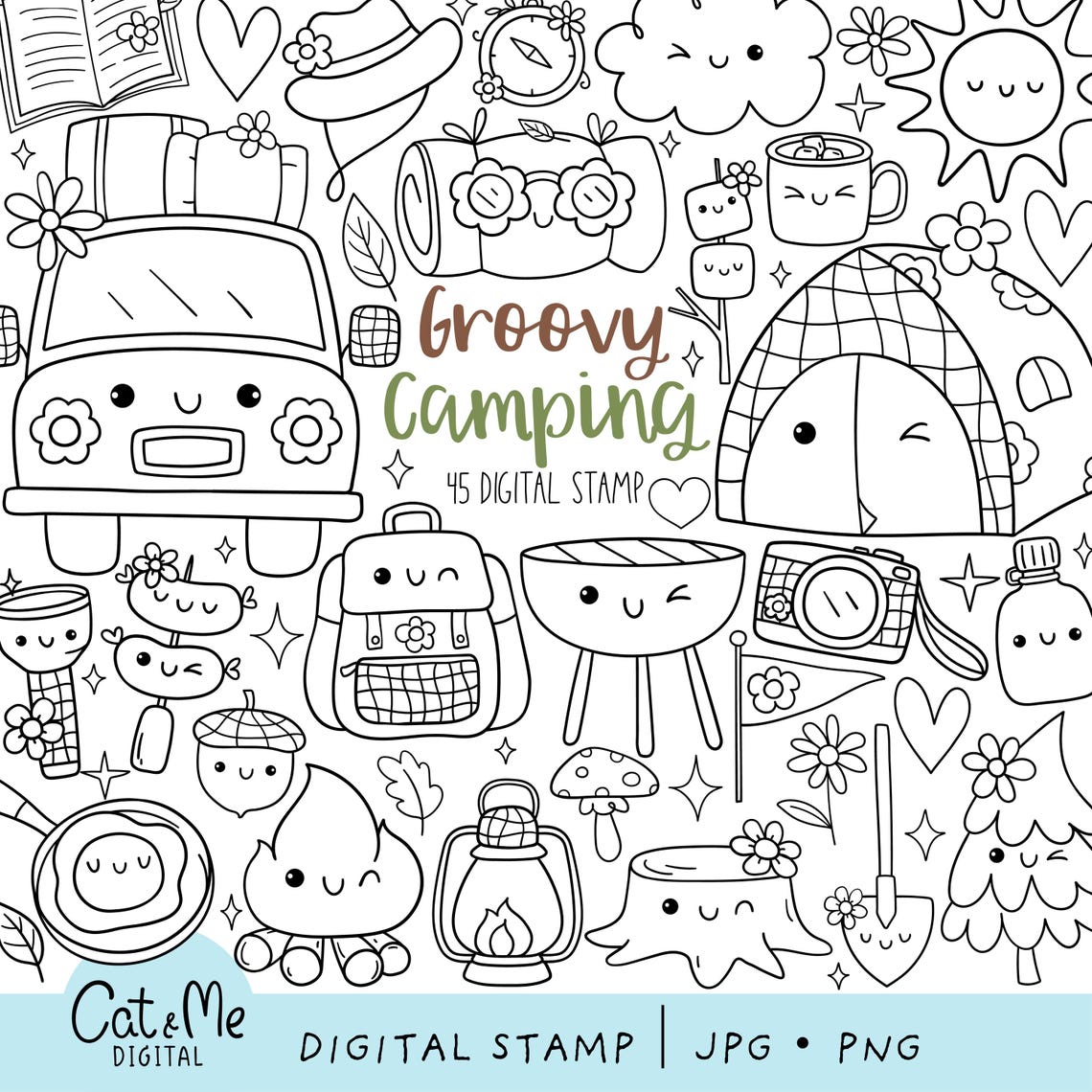 Doodle Camping Digital Stamp Groovy Camping Clipart Travel Coloring Png ...