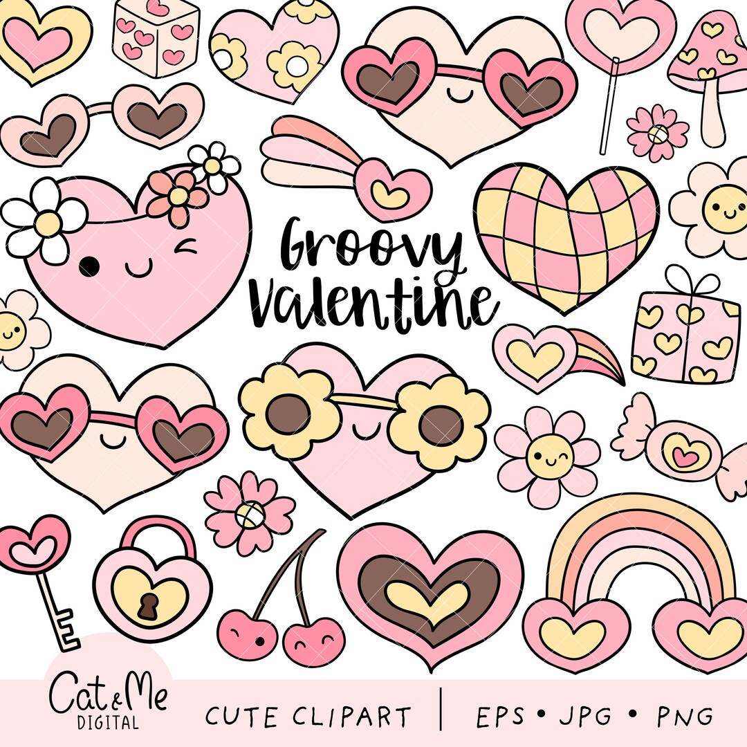 Retro Groovy Valentine Clipart Valentine's Day Clipart Hippie Love Png ...