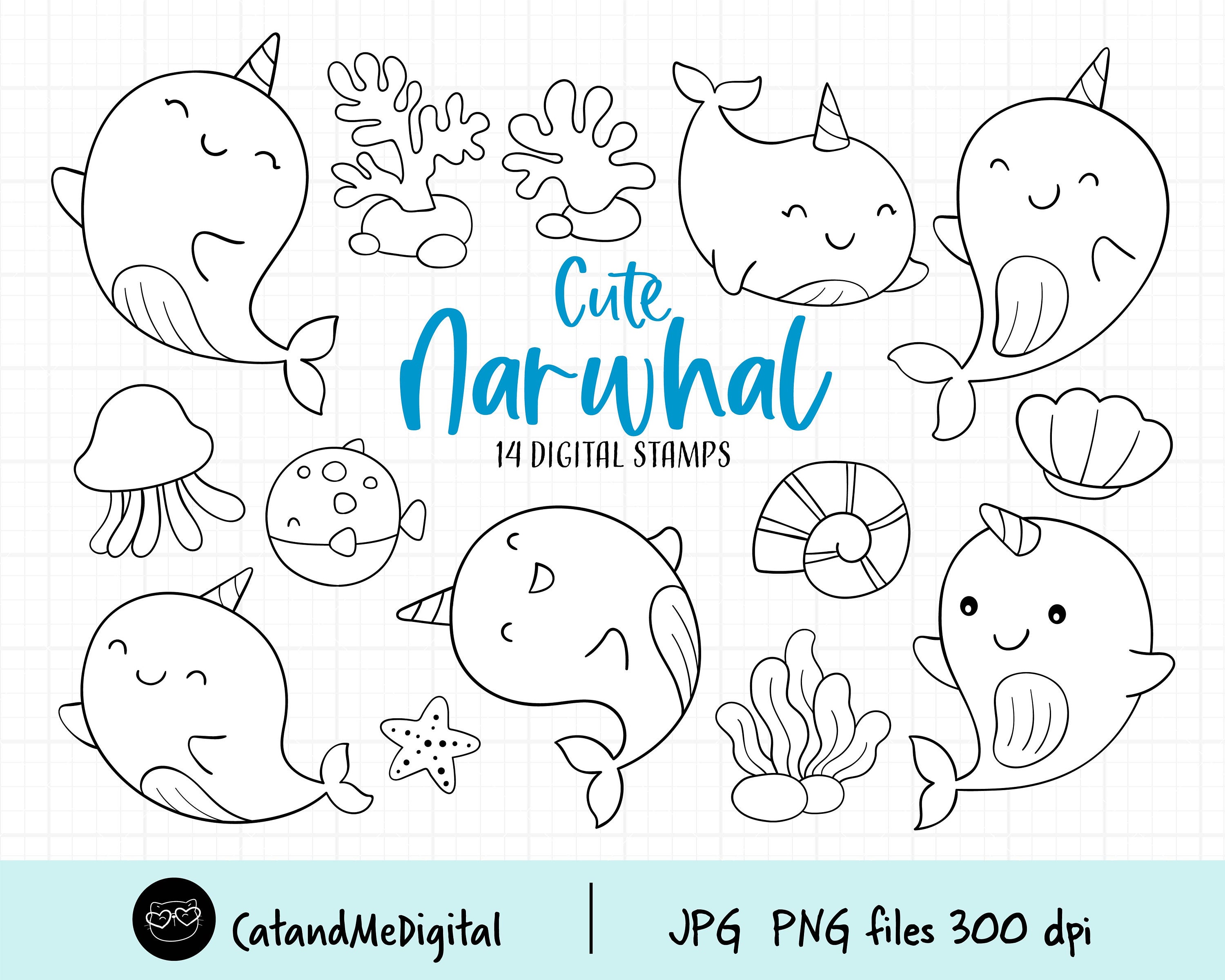 Narwhal Digital Stamp Narwhal Clipart Whale Unicorn Png | Etsy