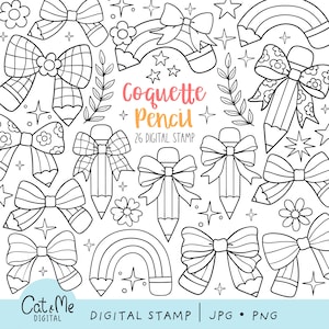 Coquette Pencil Bow Digital Stamp Outline Disco Pencil Png Back to ...
