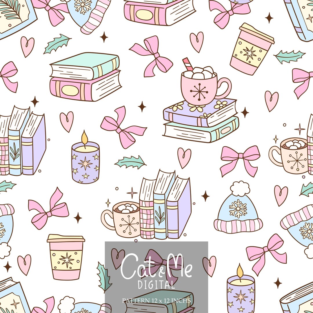 Coquette Winter Bookish Seamless Book Bow Repeating Pattern Pastel ...