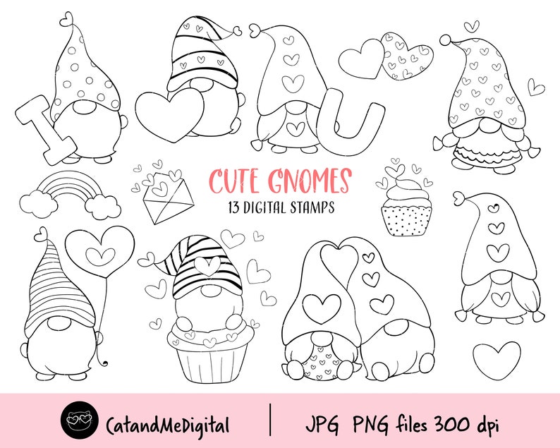 Valentine Gnome Digital Stamp Gnome Clipart Gnomes Outline - Etsy