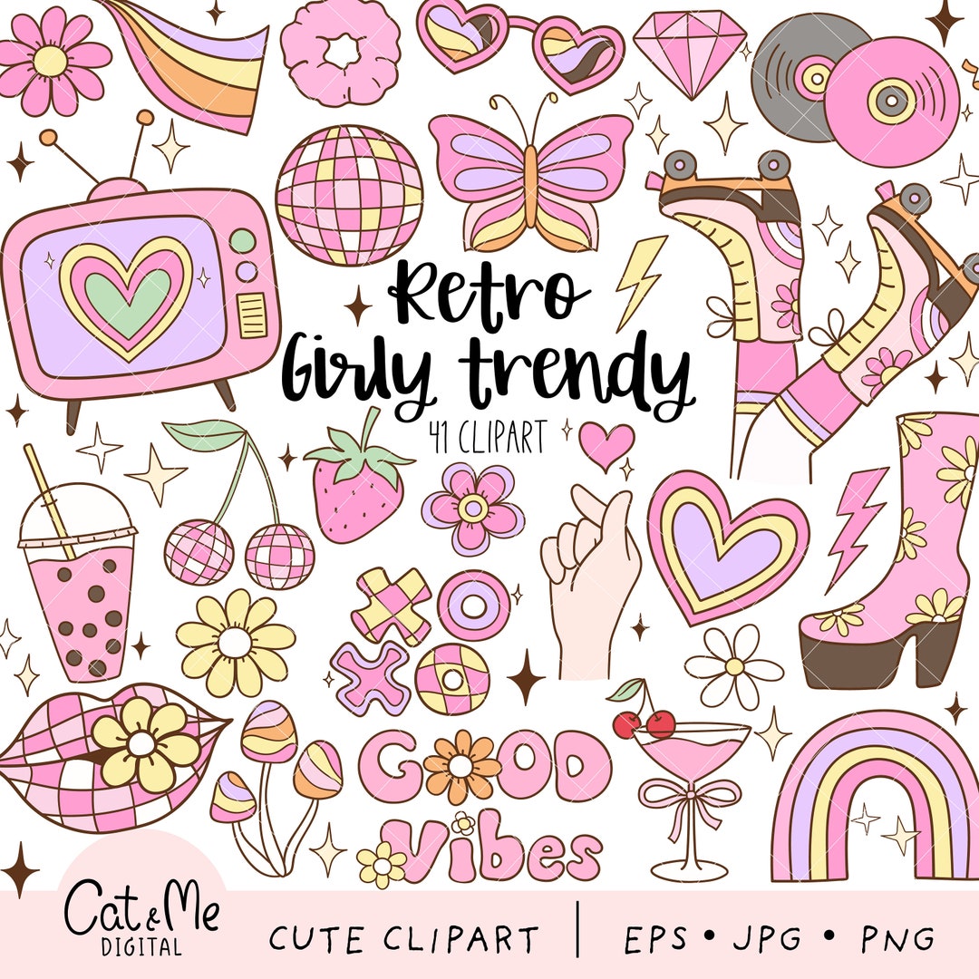 Retro Girly Trendy Clipart Groovy Pink Girl Png 70s Retro Flower Power ...