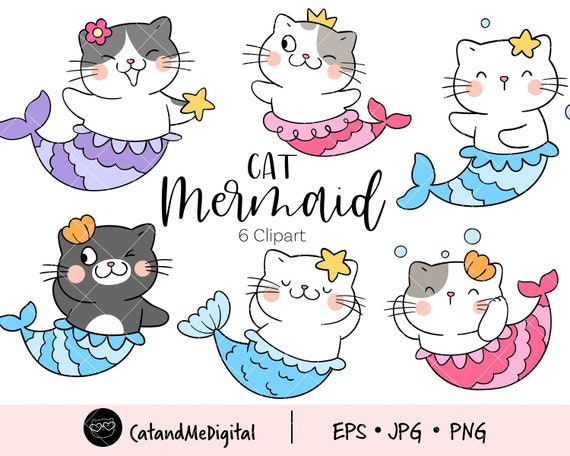 Cat mermaid clipart Funny cat clip art Meowmaid clipart | Etsy