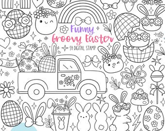 Doodle Groovy Easter Digital Stamp Retro Easter Stamp Spring Coloring ...