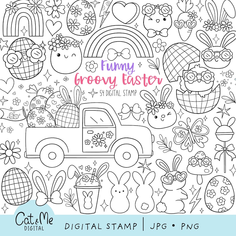 Doodle Groovy Easter Digital Stamp Retro Easter Stamp Spring Coloring ...