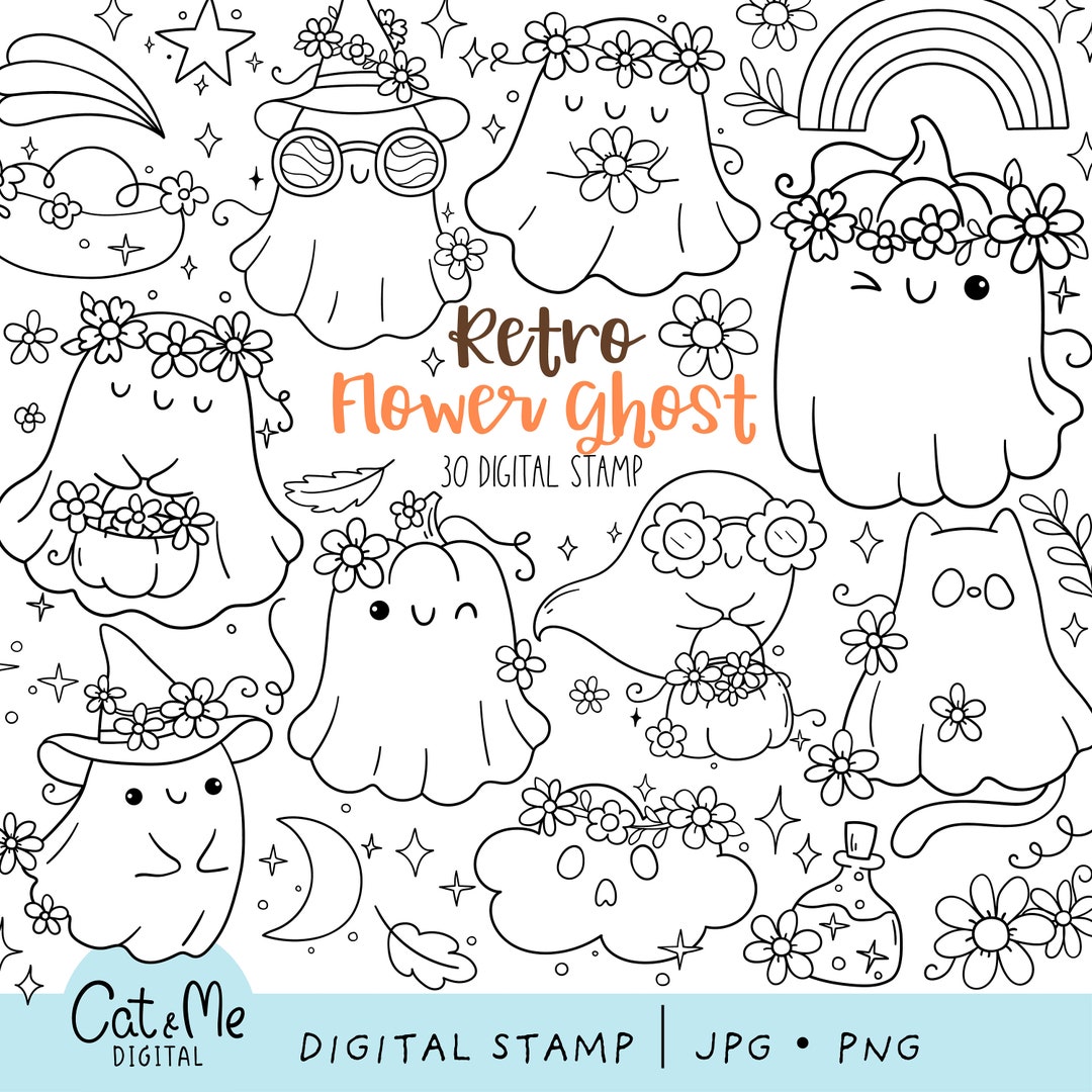 Doodle Flower Ghost Digital Stamp Halloween Stamp Spooky Girly Hippie ...
