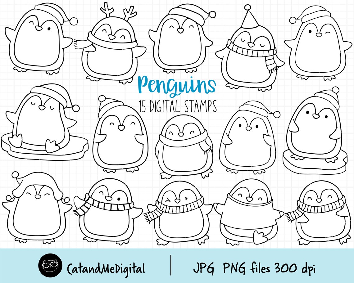 Penguin Digital Stamp Doodle Penguin Christmas Clipart Penguin - Etsy