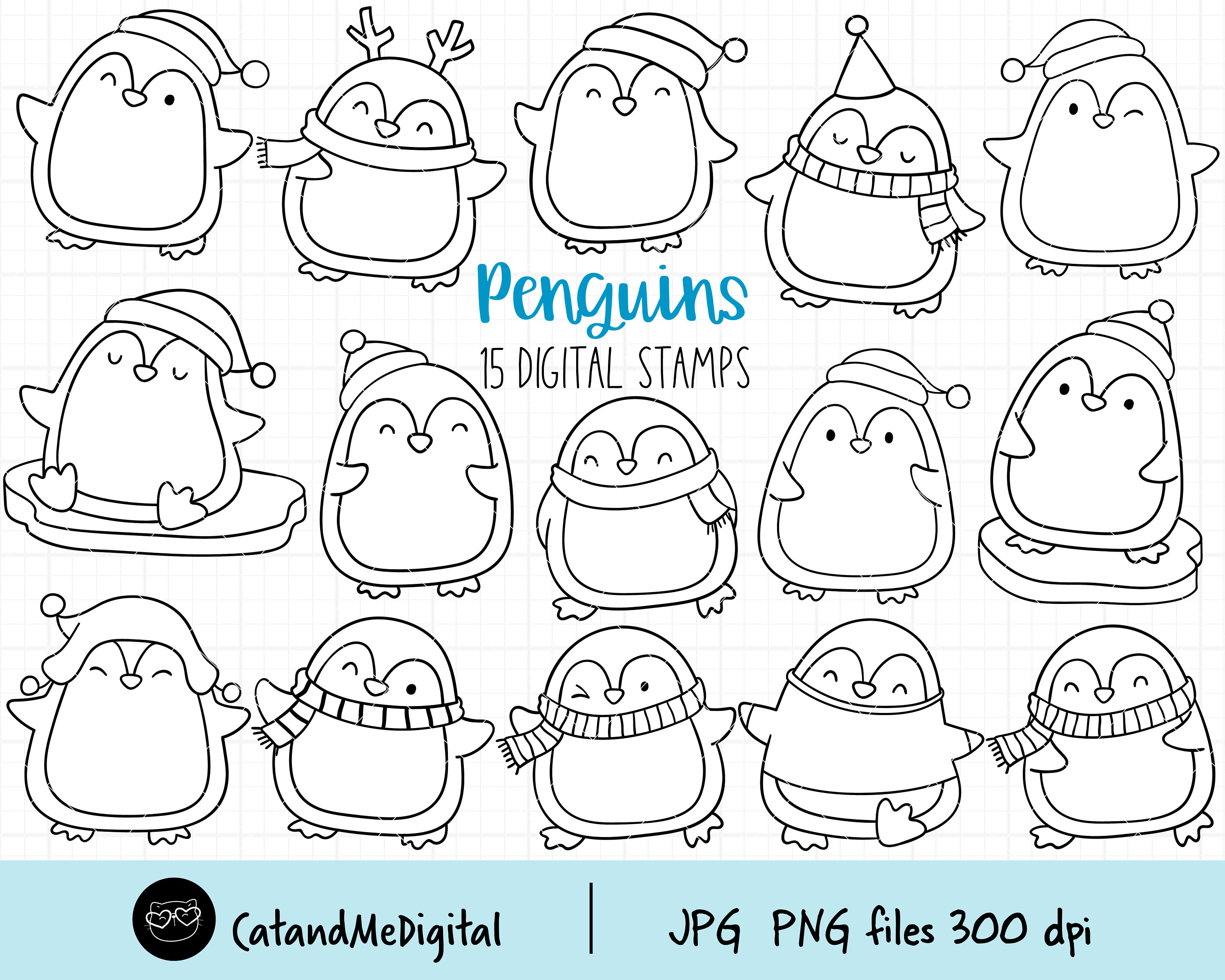 Penguin Digital Stamp Doodle Penguin Christmas Clipart Penguin - Etsy