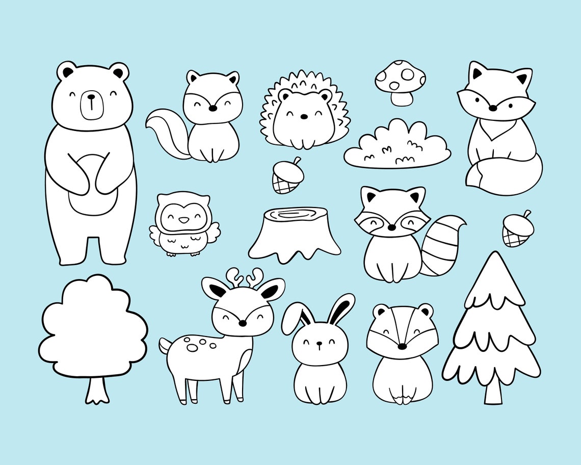 Woodland Animal Digital Stamp Wild Animals Clipart Outline | Etsy