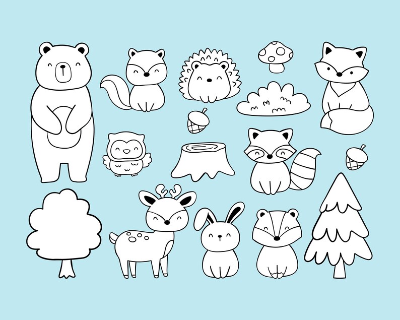 Woodland Animal Digital Stamp Wild Animals Clipart Outline | Etsy