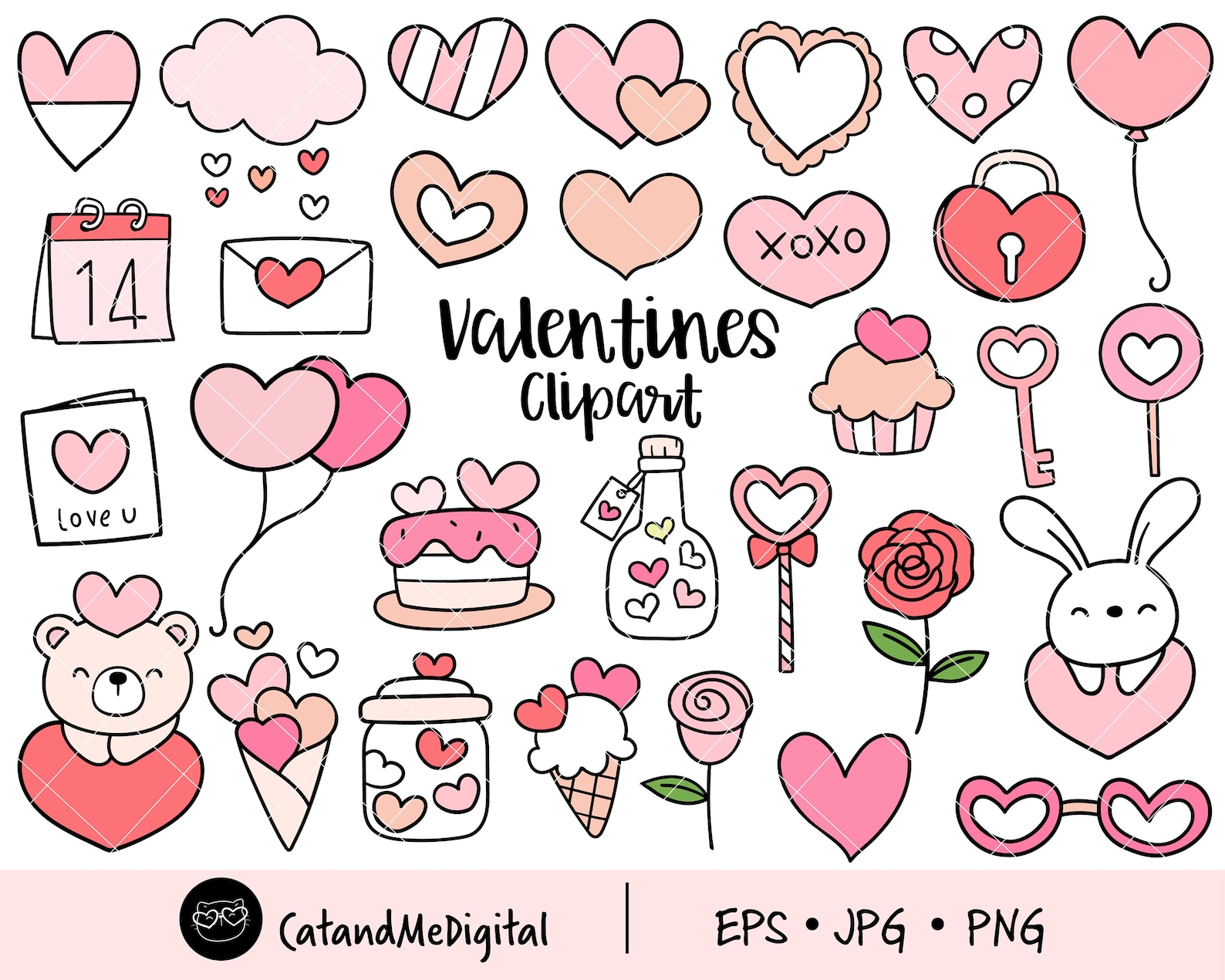 Doodle Valentine Clipart Valentine Clipart Love Clipart Pastel - Etsy