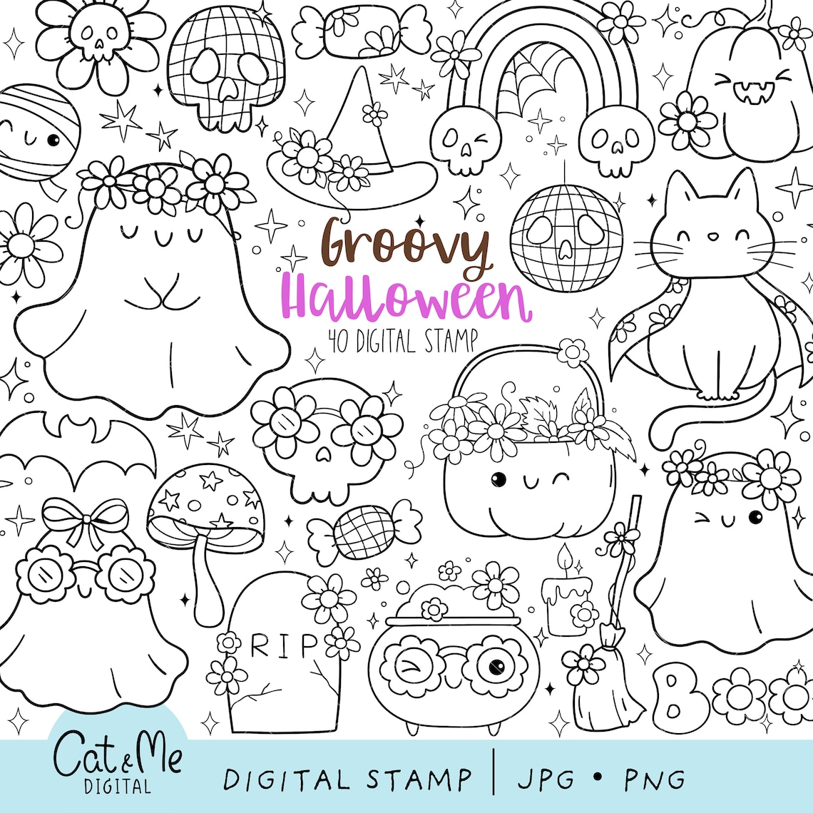 Doodle Groovy Halloween Digital Stamp Retro Spooky Coloring Autumn Fall ...