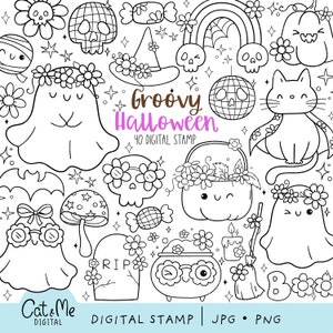 Doodle Groovy Halloween Digital Stamp Retro Spooky Coloring Autumn Fall ...