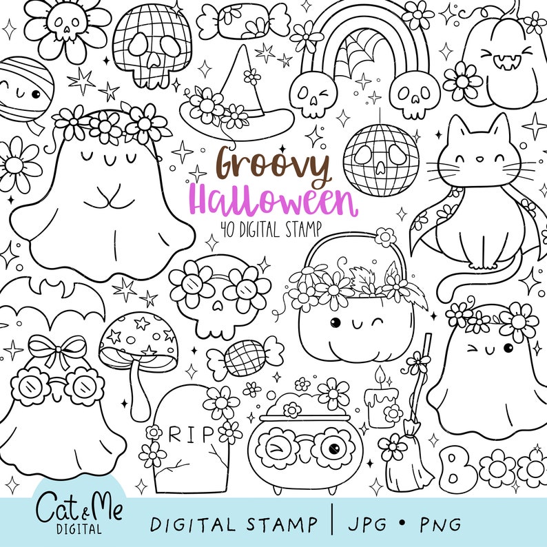 Doodle Groovy Halloween Digital Stamp Retro Spooky Coloring Autumn Fall ...