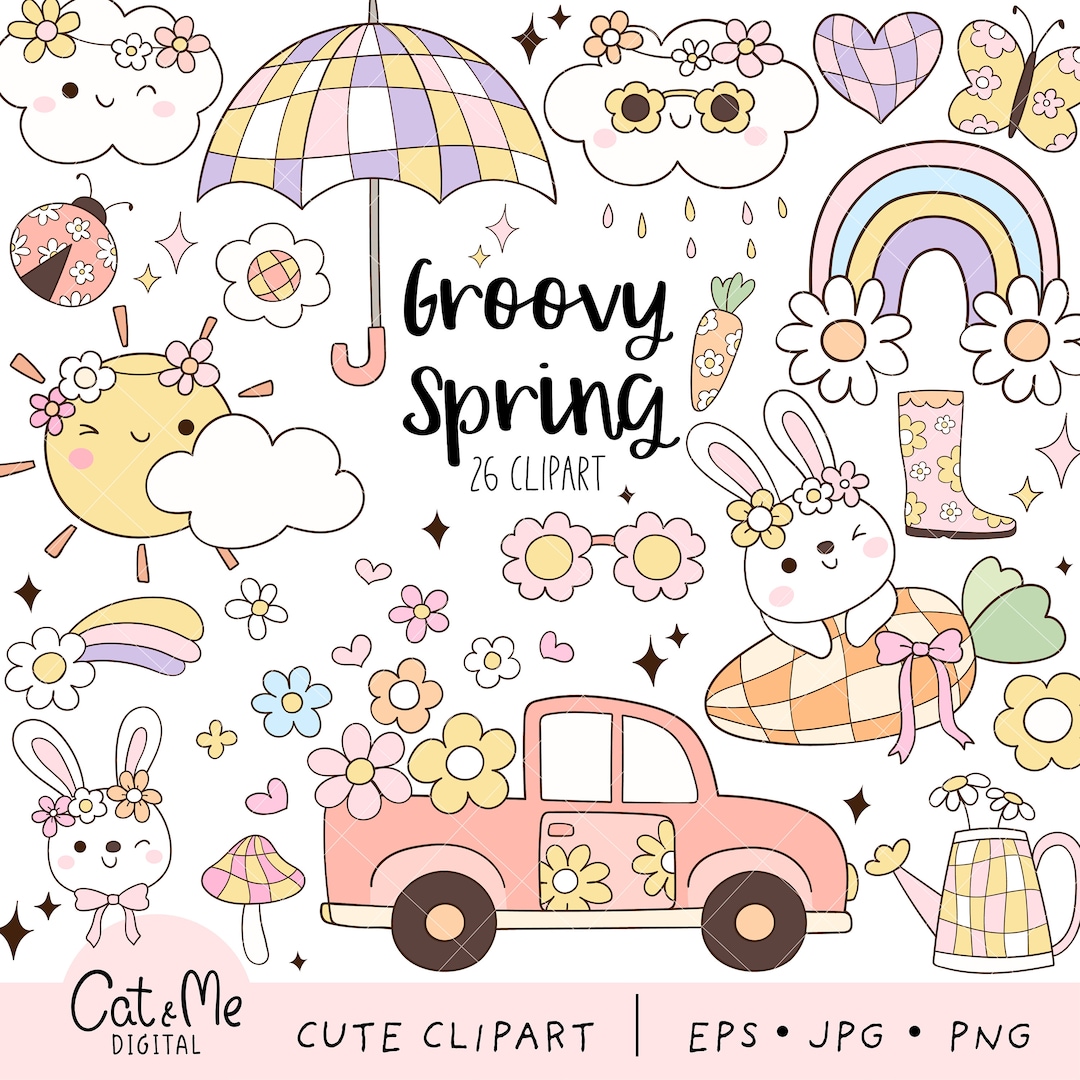 Groovy Spring Clipart Retro Spring Clipart Bunny Png Easter Clipart ...