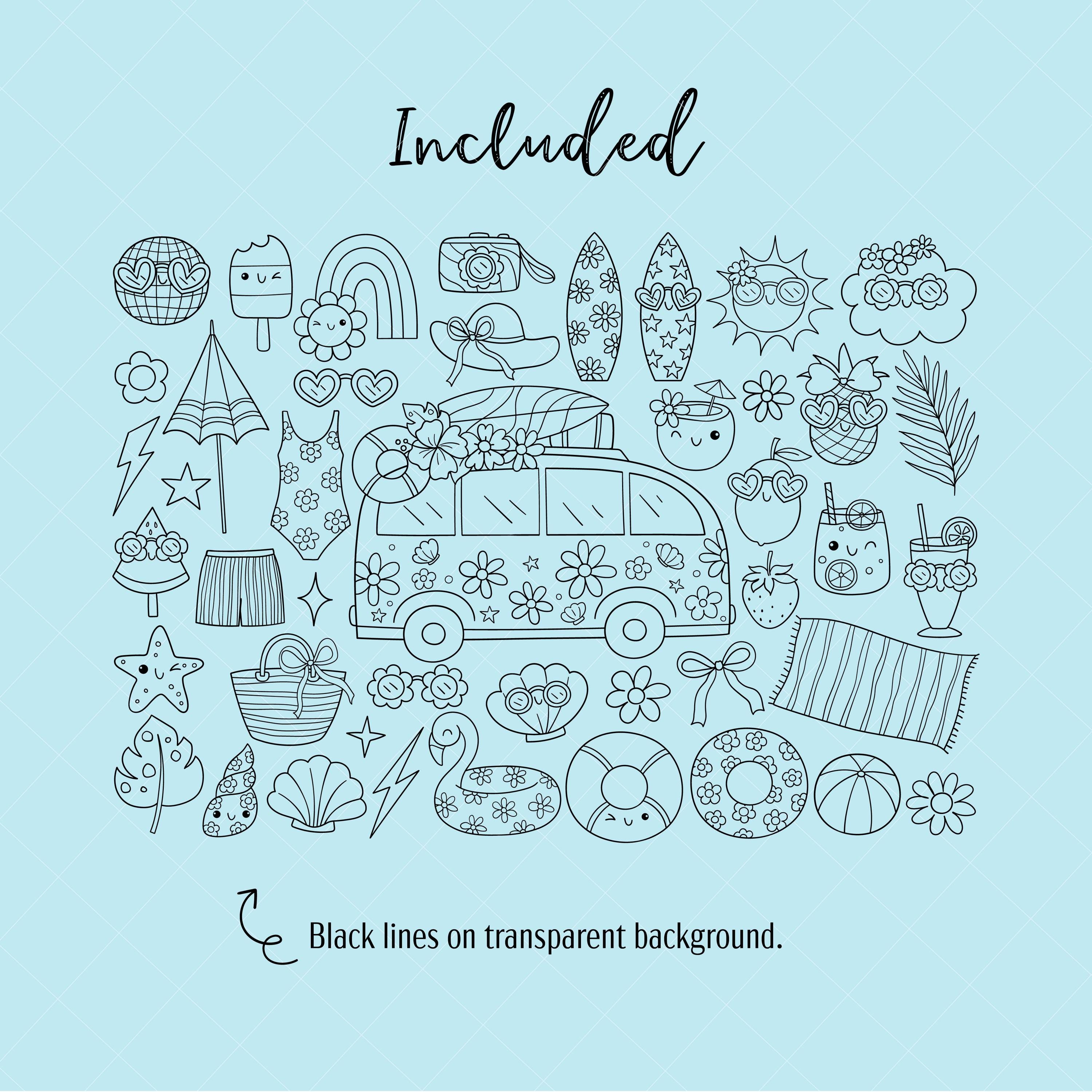 Doodle Flower Summer Digital Stamp Groovy Summer Stamp Outline Beach ...
