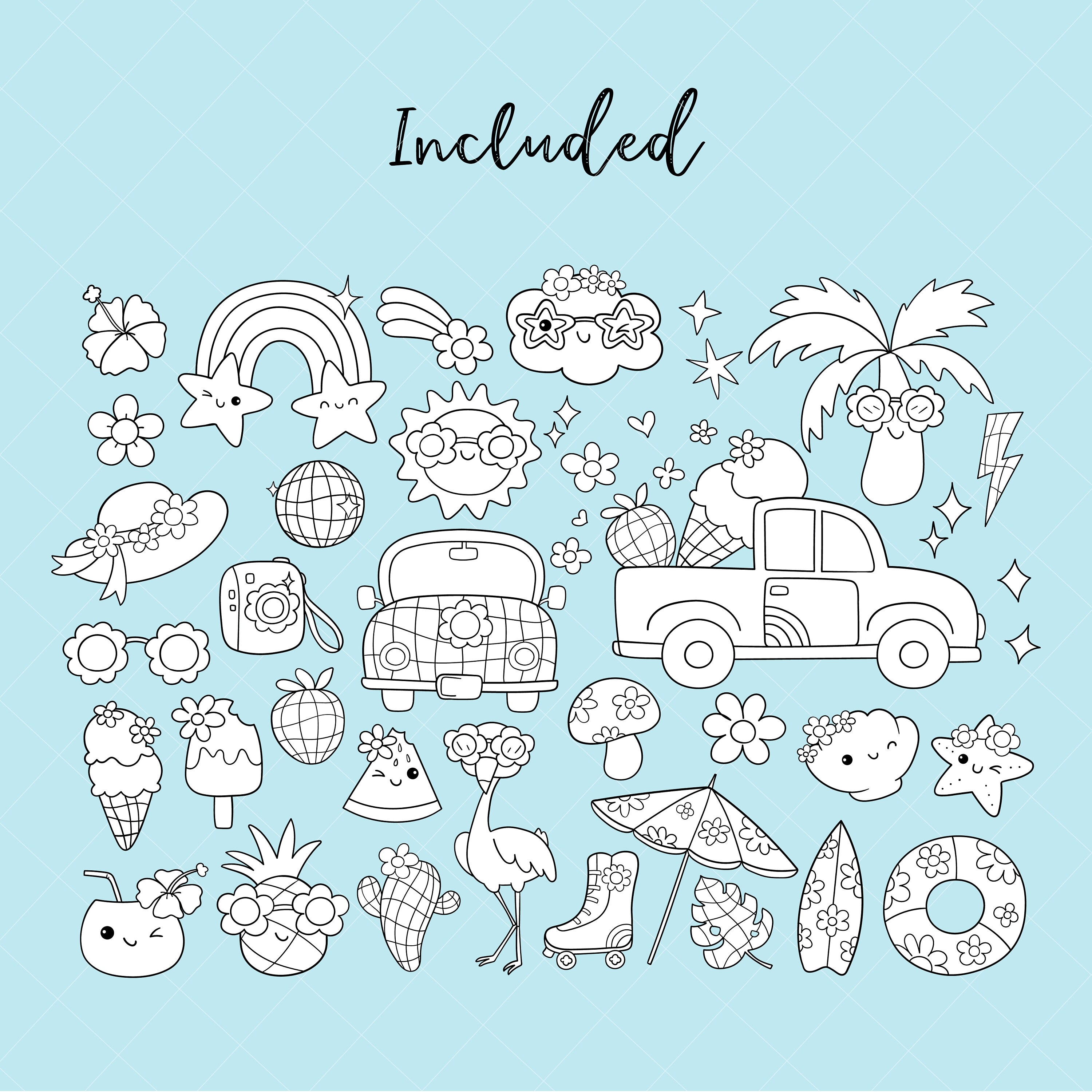 Groovy Summer Digital Stamp Doodle Outline Coloring Retro Summer Hippie ...