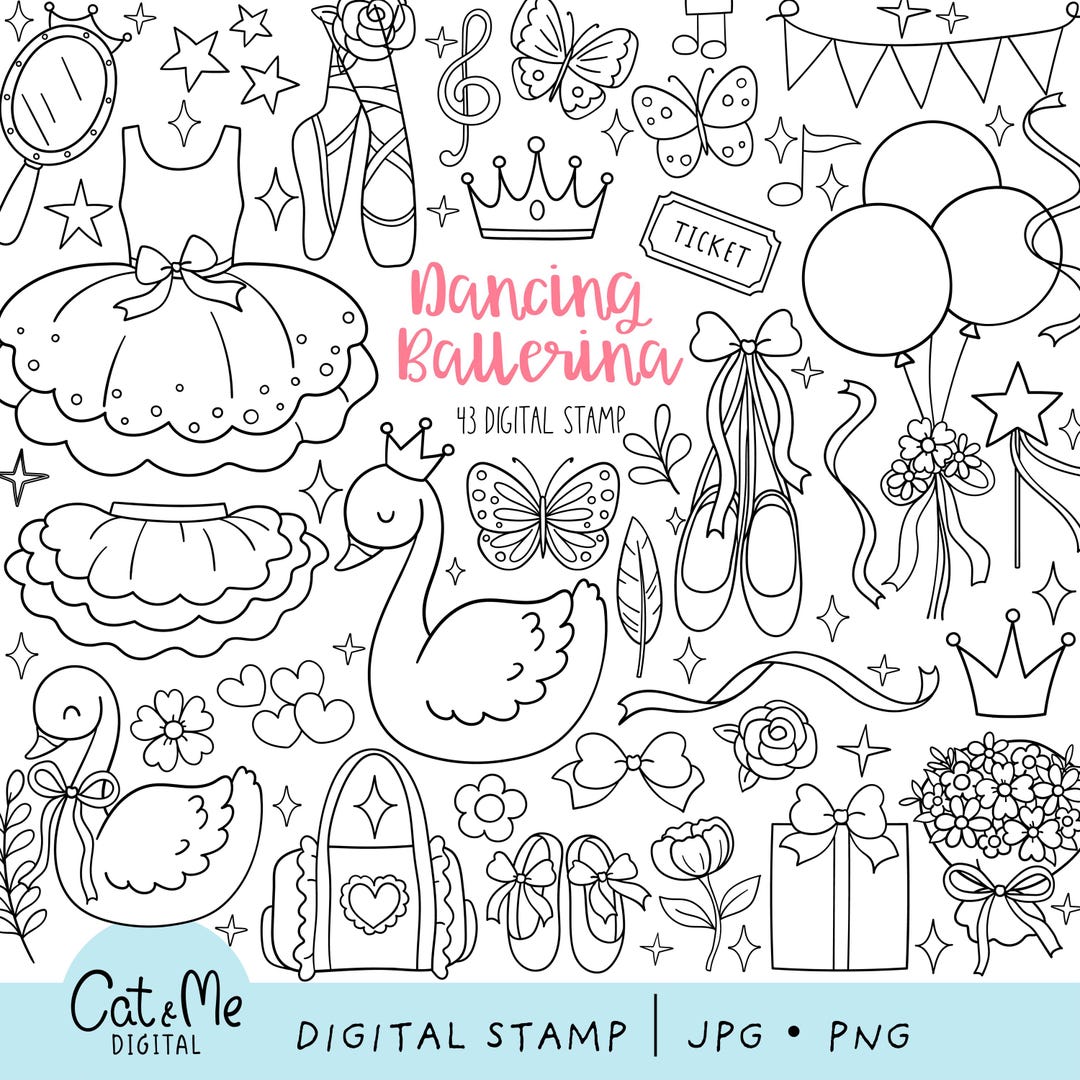 Doodle Ballerina Digital Stamp Outline Swan Ballerina Stamp Girly ...