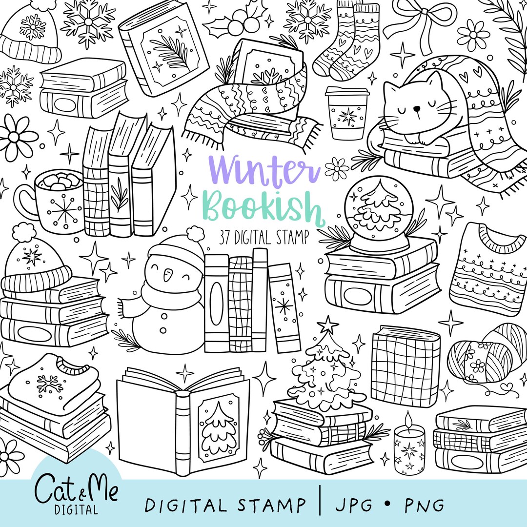 Doodle Winter Bookish Digital Stamp Groovy Bookish Stamp Cozy Readers ...