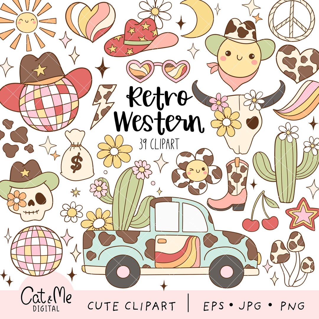 Retro Western Clipart Groovy Cowboy Clipart 70s Hippie Desert Cactus ...