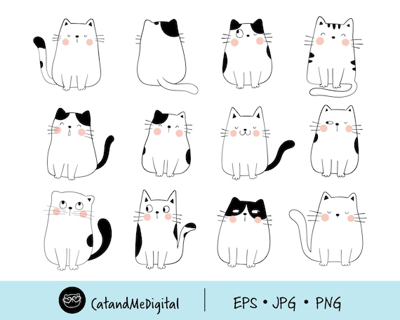 Clipart Doodle Cute Cat Digital Cat Download Cute Cat Clipart | Etsy