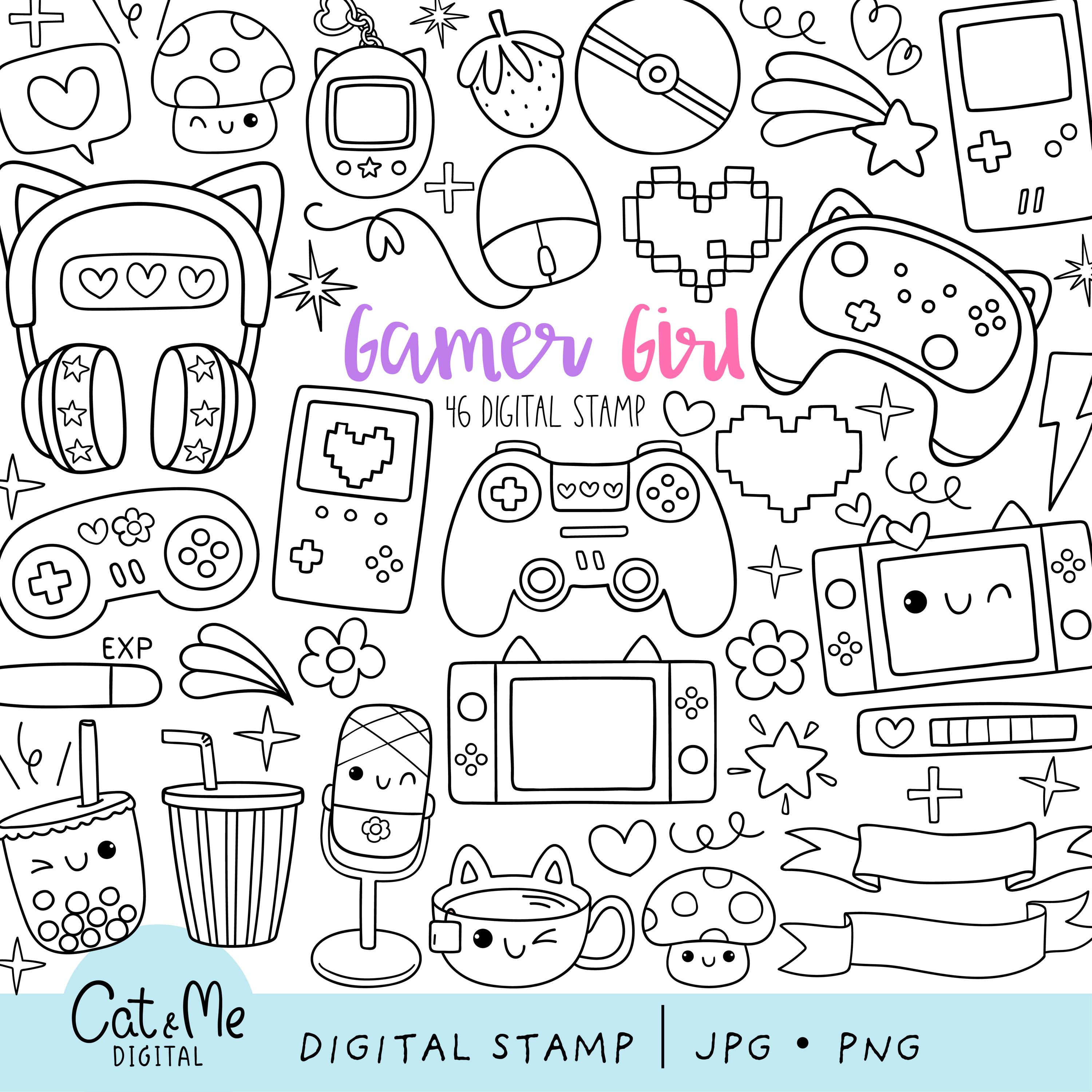 Gamer Girl Digital Stamp Cozy Gamer Stamp Png Trendy Gaming Coloring ...