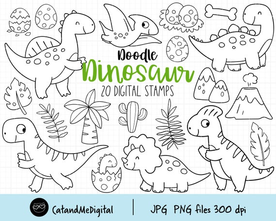 Doodle Dinosaur Digital Stamp Outline Dinosaur Clipart - Etsy
