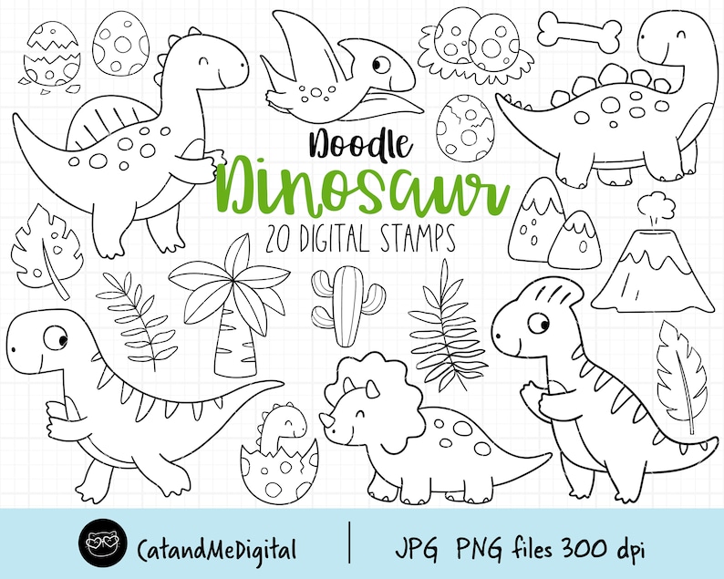 Doodle Dinosaur Digital Stamp Outline Dinosaur Clipart Coloring Doodle ...