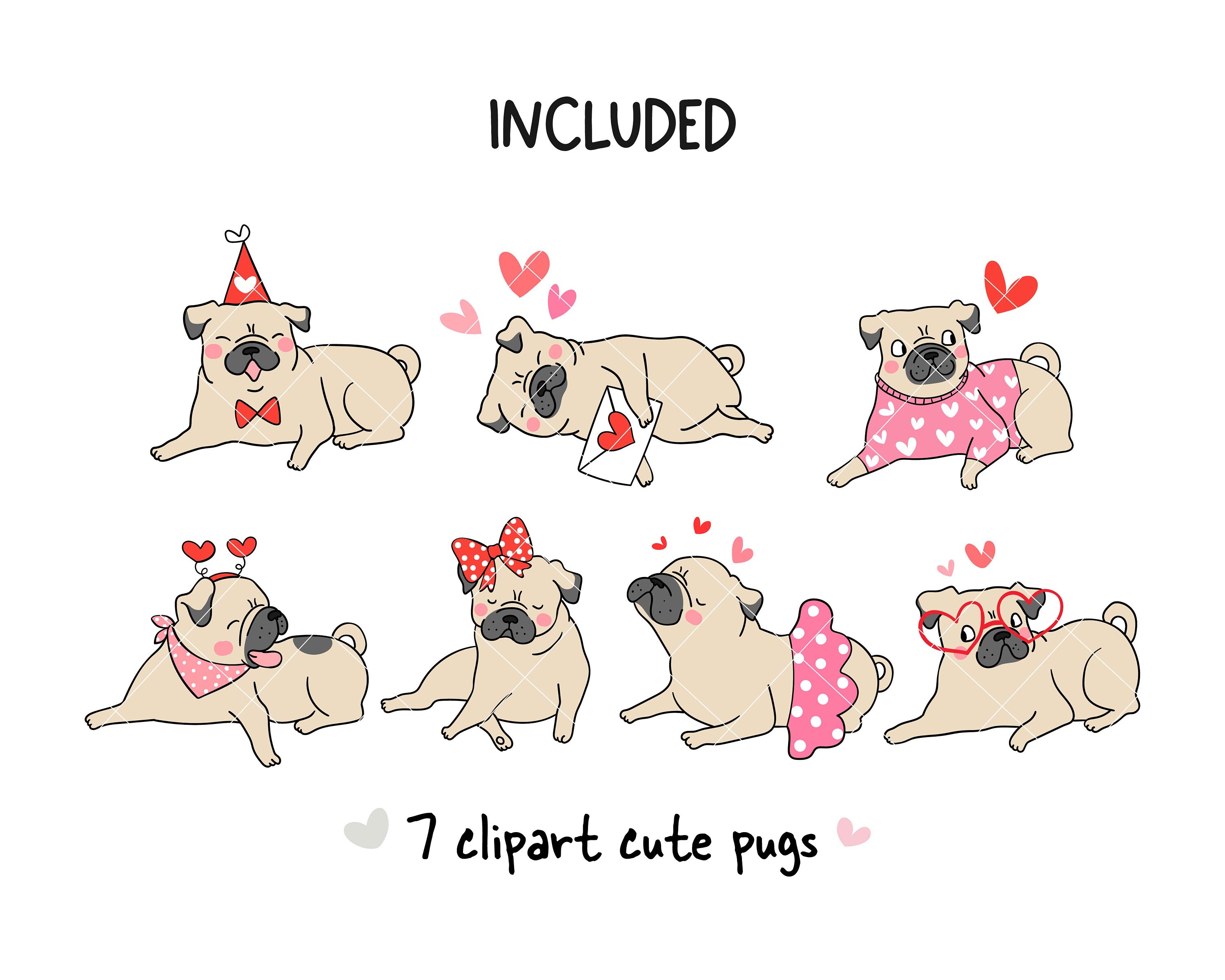 Valentine Pug Dogs Clipart Valentine Clipart Illustration Pug - Etsy