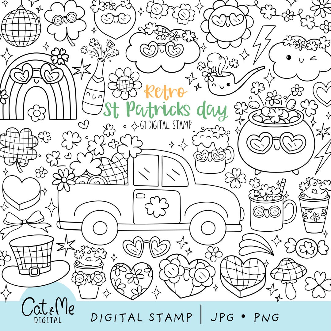 Groovy Retro St Patricks Digital Stamp Doodle Spring Coloring Outline ...