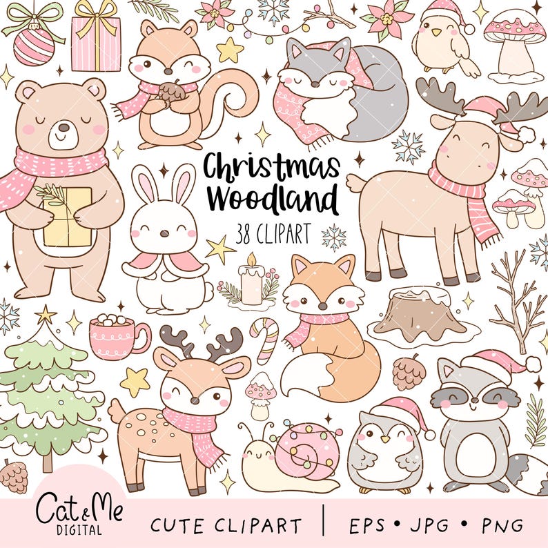 Woodland Christmas Clipart, Pastel Christmas Clipart, Winter Forest ...