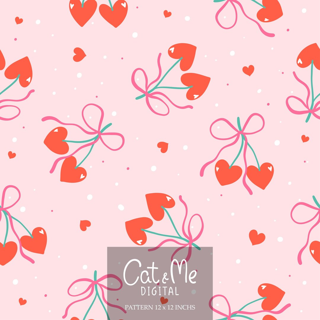 Retro Cherry Heart Valentine Pattern Coquette Cherries Seamless Cherry ...