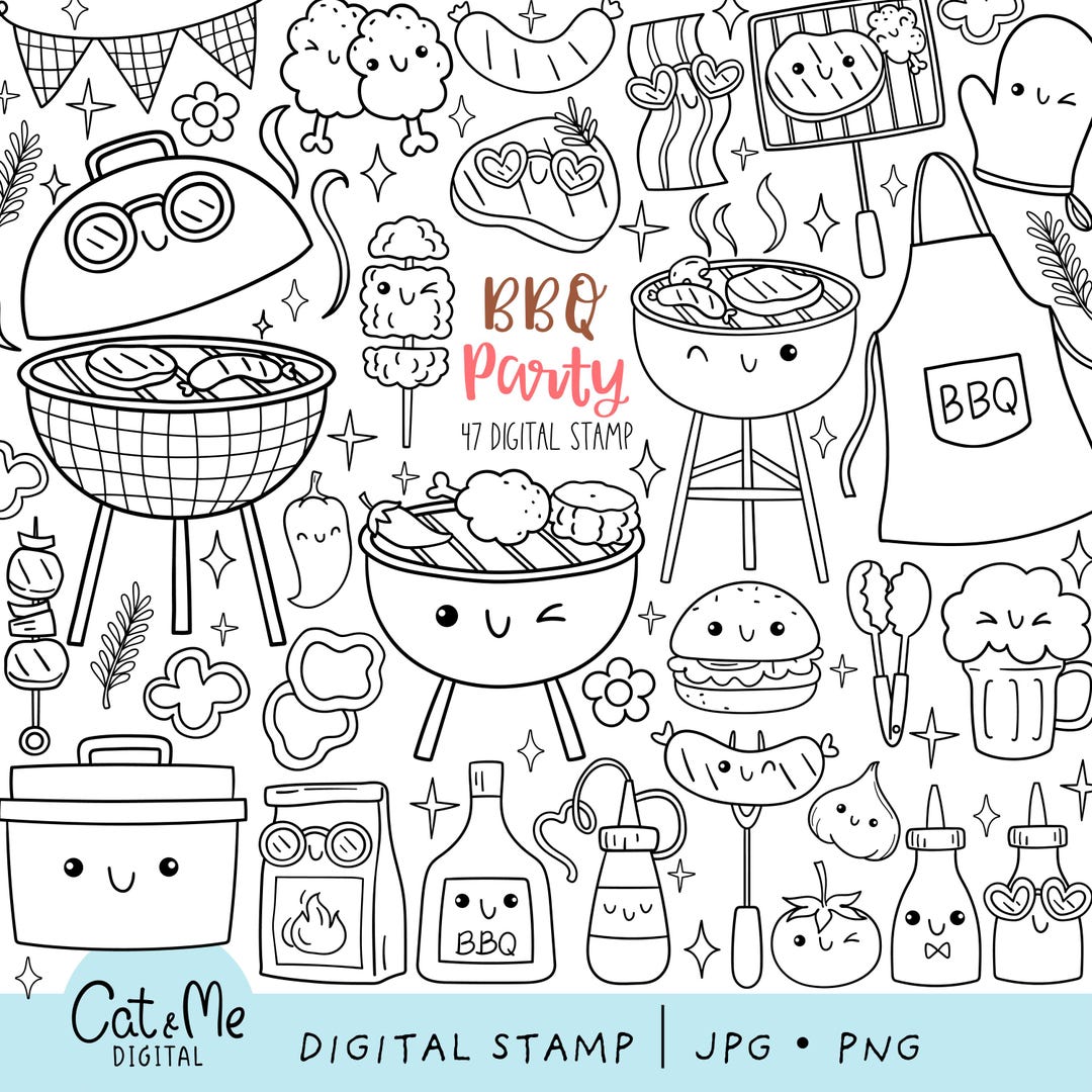 Barbecue Party Digital Stamp Outline Summer BBQ Png Doodle Grill Food ...