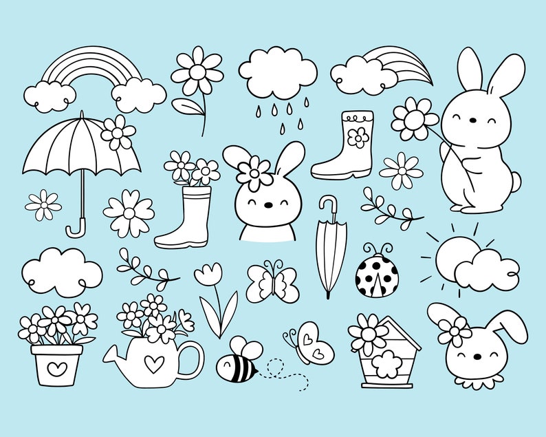 Doodle Spring Digital Stamp Doodle Outline Spring Clipart Hand - Etsy