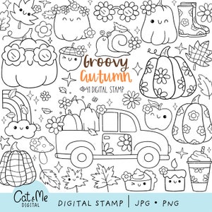 Groovy Autumn Digital Stamp Retro Fall Coloring Thanksgiving Stamp ...