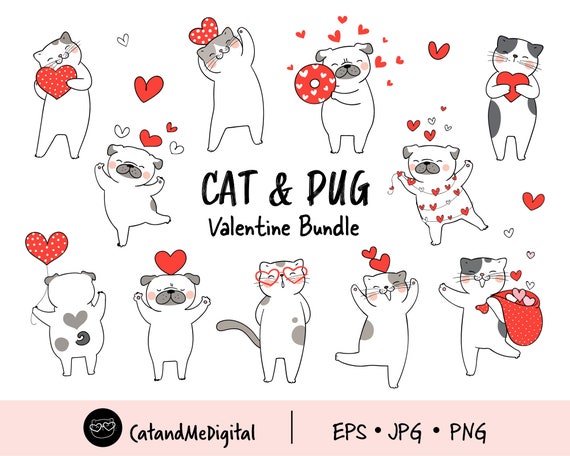 Clip Art Cute Cat and Pug Dog in Valentine Happy Pet Digital | Etsy