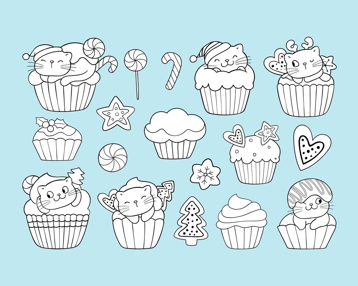 Christmas Cupcake Digital Stamp Cupcake Stamp Cat Clipart Gingerbread ...