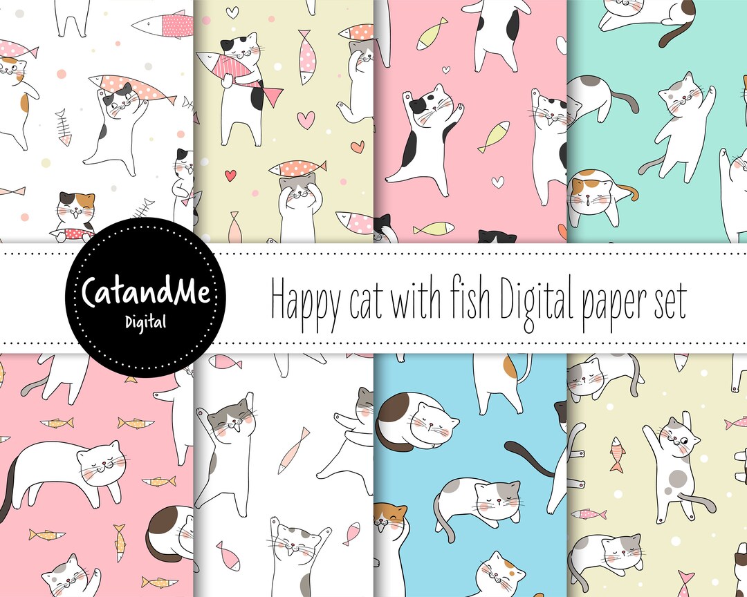 Happy Cat and Fish Digital Paper. Kitten Patterns for Fabric Print ...