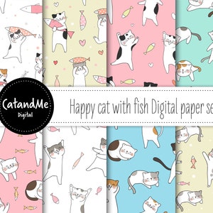 Happy Cat and Fish Digital Paper. Kitten Patterns for Fabric Print ...