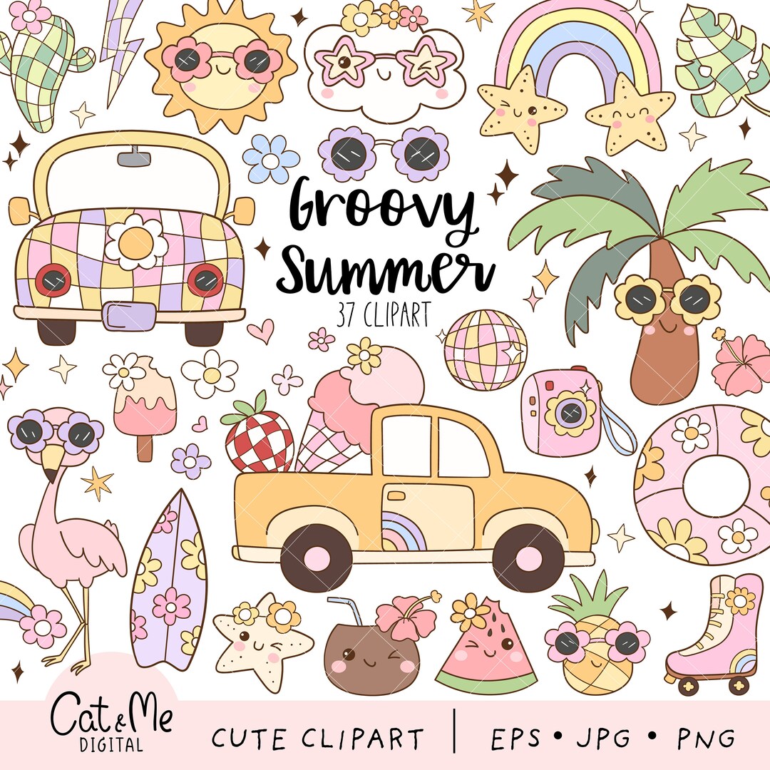 Groovy Summer Clipart Retro Summer Clipart Beach Clipart Hippie 70s ...