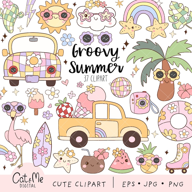 Groovy Summer Clipart Retro Summer Clipart Beach Clipart Hippie 70s ...