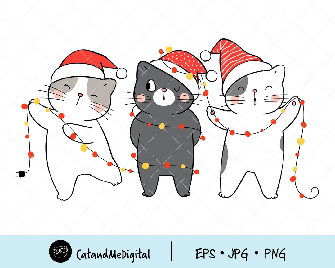 Funny Cat Christmas With Light Clipart Cat Digital Download Cute Cat ...