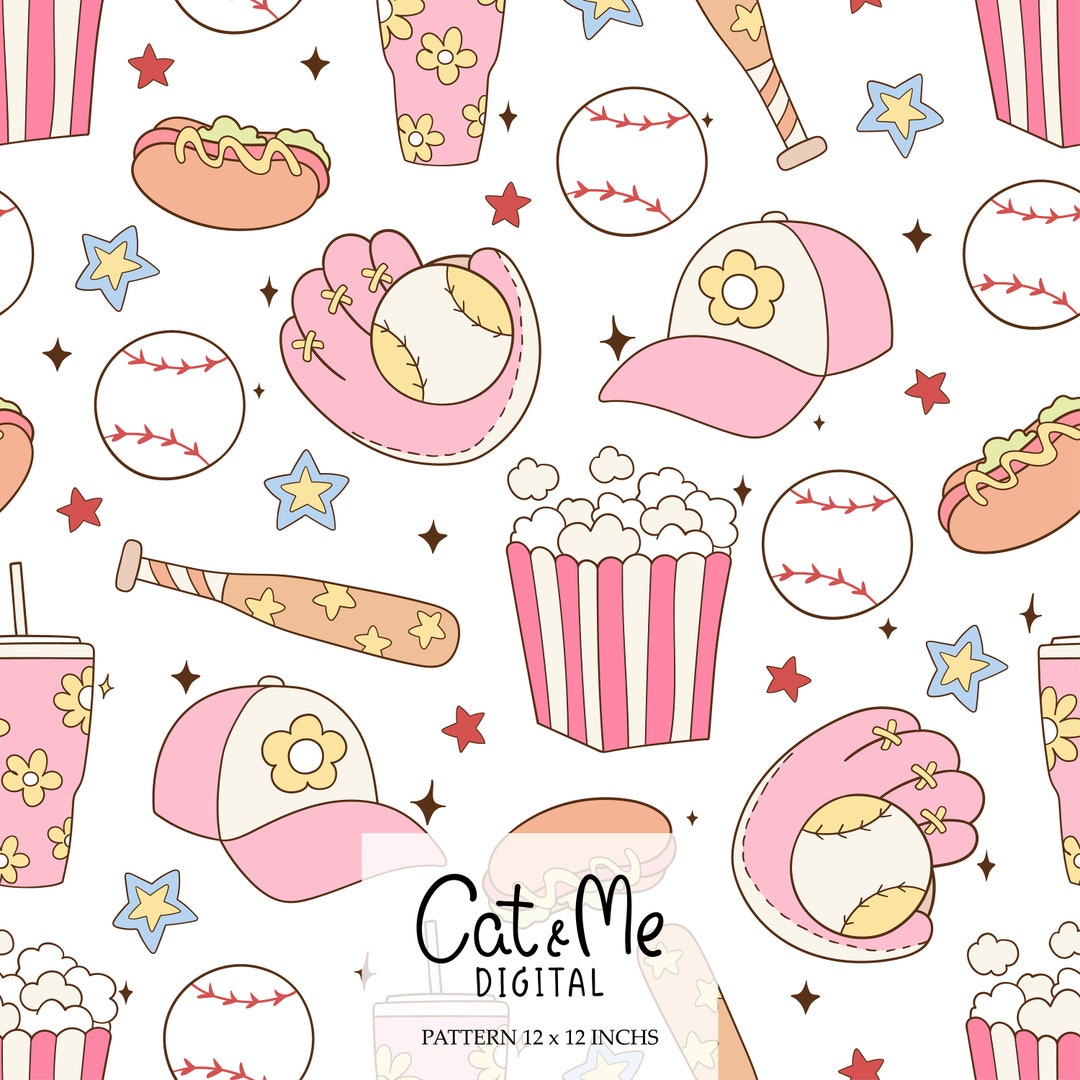 Retro Girly Baseball Pattern Pink Girl Baseball Seamless Trendy Sport ...