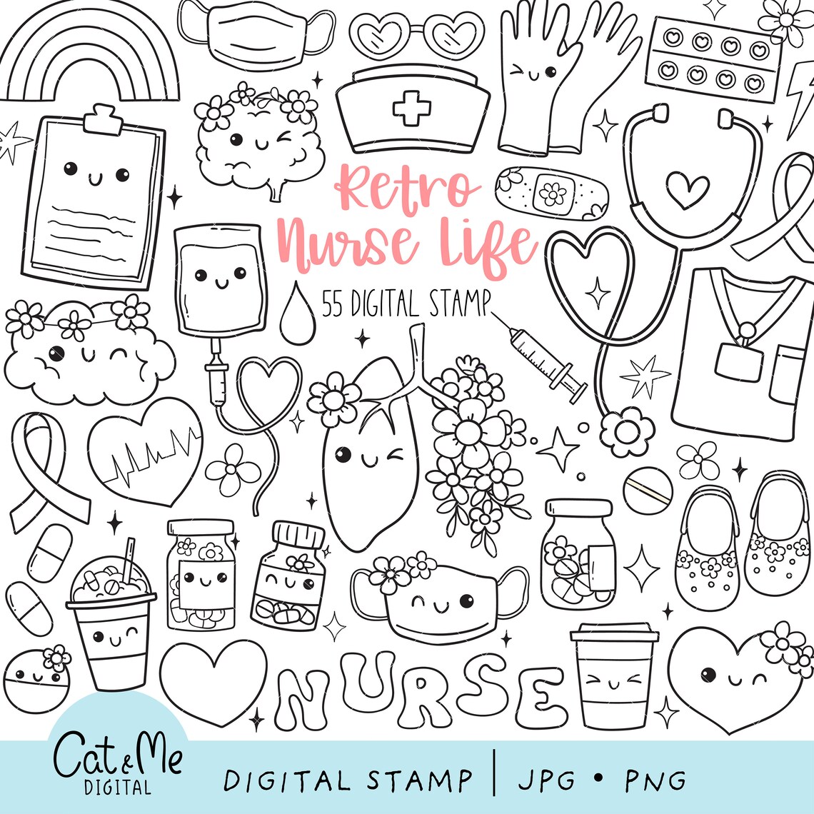 Retro Nurse Life Digital Stamp Doodle Outline Nurse Medical Coloring ...