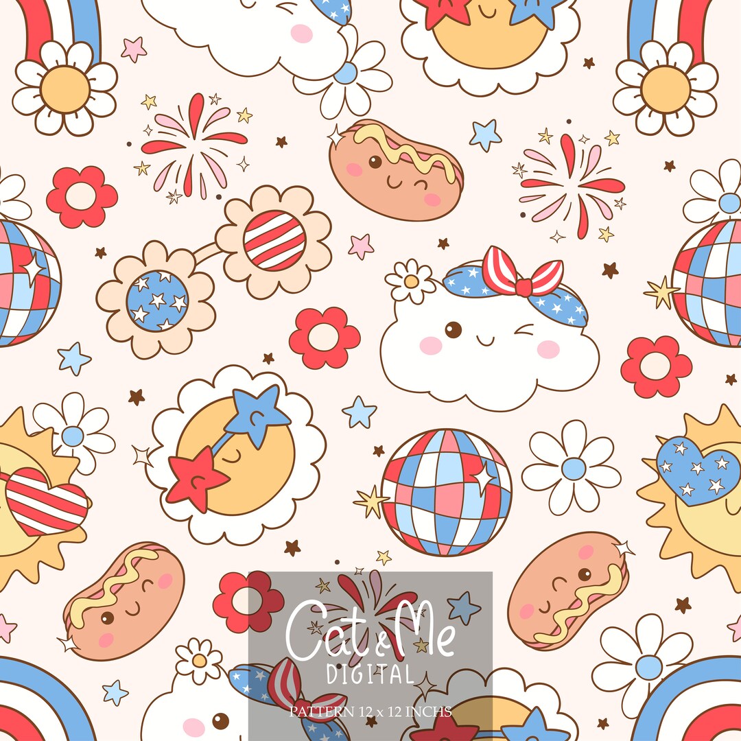 Groovy Fourth of July Pattern Retro Patriotic Seamless Fourth of July ...