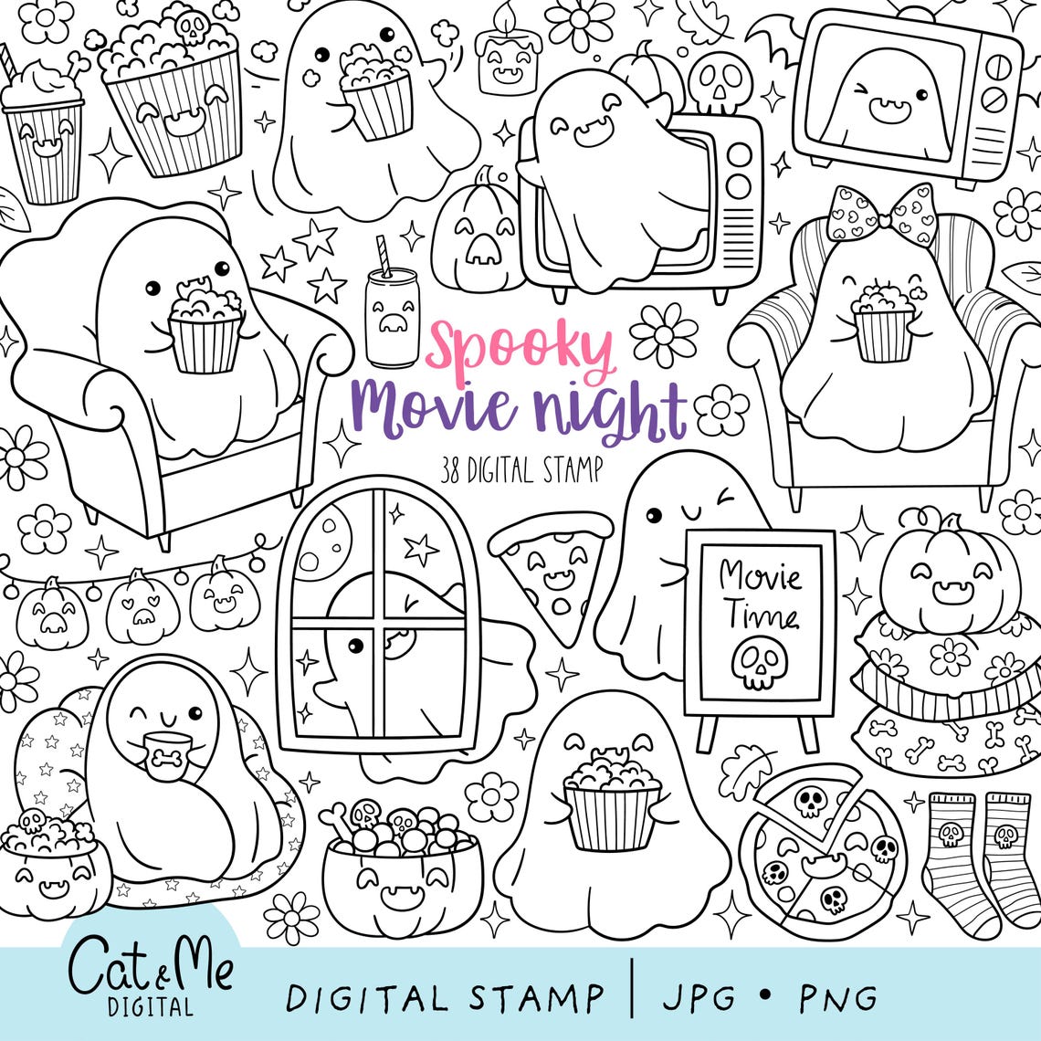 Spooky Movie Digital Stamp Doodle Halloween Stamp Png Movie Night ...